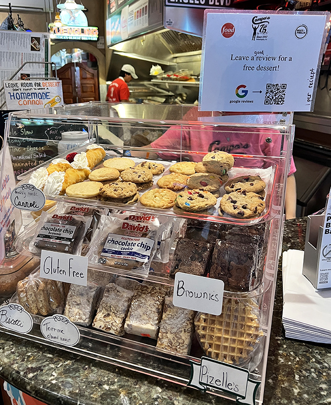 Sweet temptations await after your savory adventure&mdash;cookies and brownies standing at attention like delicious soldiers ready for dessert duty.