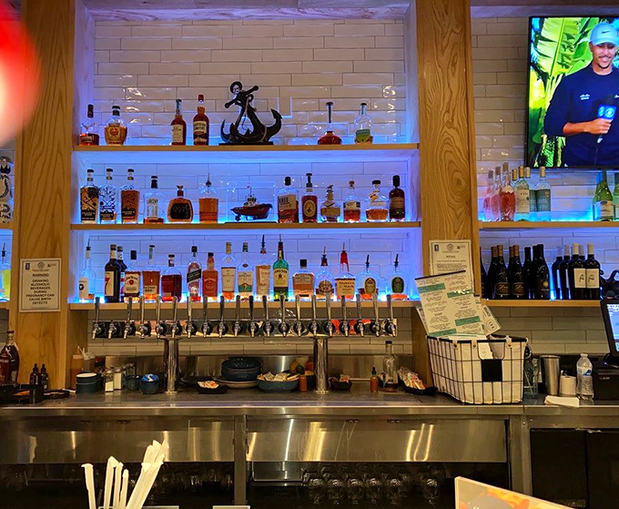 A bar that takes its spirits as seriously as its seafood. The blue-lit shelves showcase bottles like treasures from a particularly delicious shipwreck.