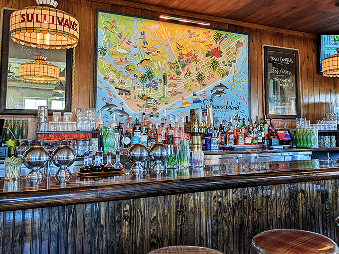 Behind every great seafood feast is a bar like this&mdash;where colorful island maps, stained glass lamps, and bottles of promise await thirsty adventurers.