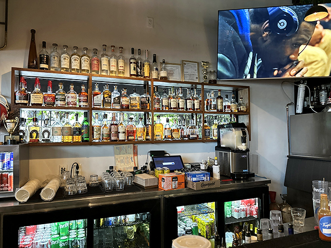 A bar stocked better than most people's retirement portfolios. Bourbon and BBQ&mdash;a pairing as timeless as Sinatra and a good suit.