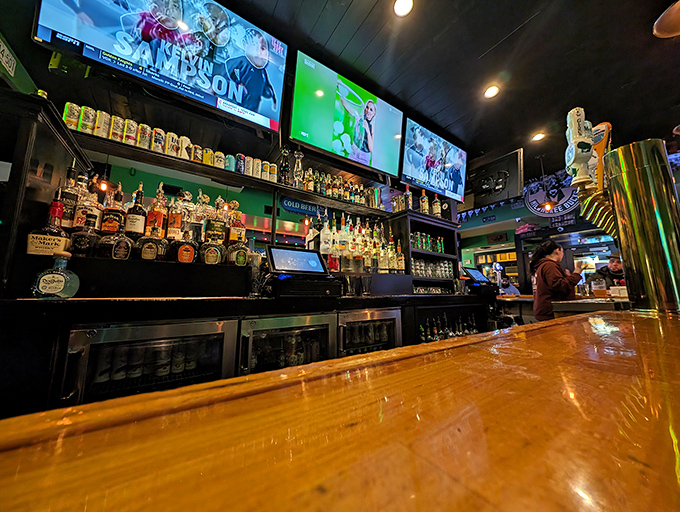 Behind this bar lies liquid happiness &ndash; an impressive array of spirits bathed in the glow of multiple screens showing the game.