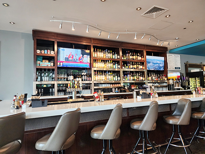 The bar's impressive bottle collection suggests they take their morning cocktails as seriously as their eggs. Bloody Mary research never looked so thorough.