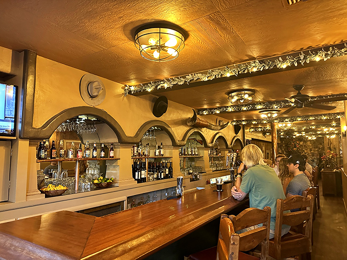 The bar glows like a golden oasis, where locals and travelers swap stories over craft cocktails and cold beer.