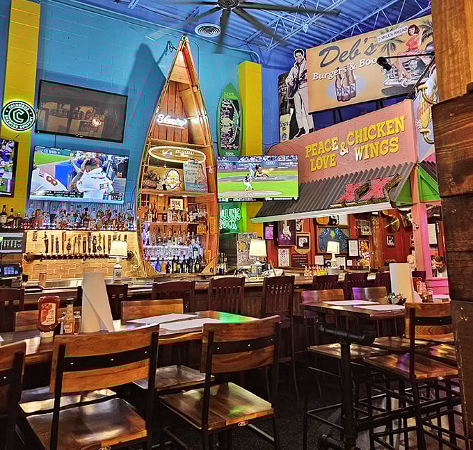 The bar area features an actual boat &ndash; because why settle for drinking on land when you can pretend you're at sea?