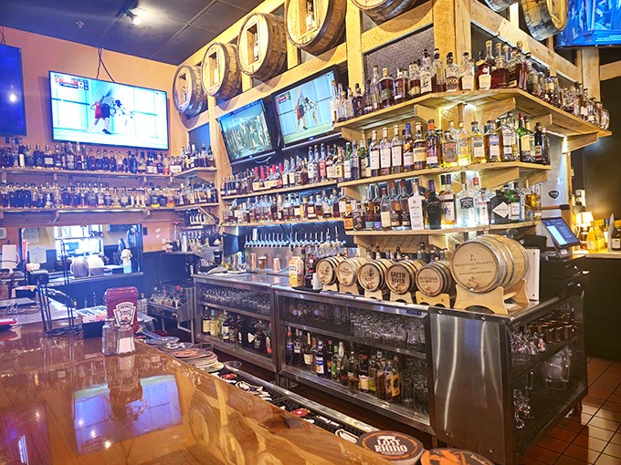 A whiskey selection that would make a Scotsman weep with joy. Bottles upon bottles of liquid amber treasure.