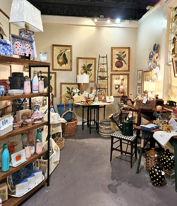 Botanical prints frame a collection of baskets and tableware that would make any Sunday brunch feel like a special occasion.