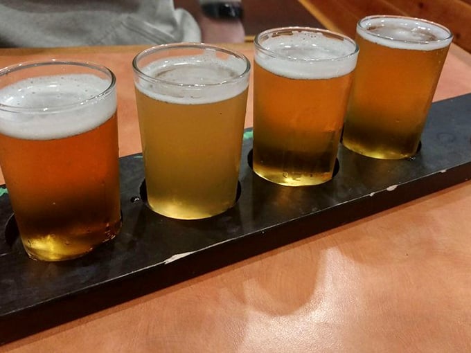A flight of local brews – because nothing complements a perfect pizza like California craft beer in varying shades of liquid gold.