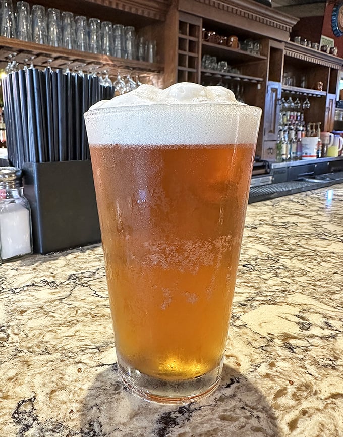 Golden amber beer with a perfect head&mdash;the kind that makes you pause for appreciation before taking that first, satisfying sip.