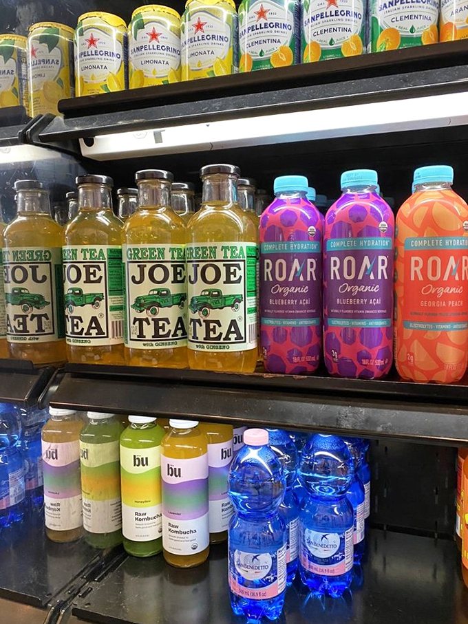 The beverage case is a liquid rainbow of options. Joe Tea and ROAR&mdash;even the drink names sound like they're having more fun than we are.