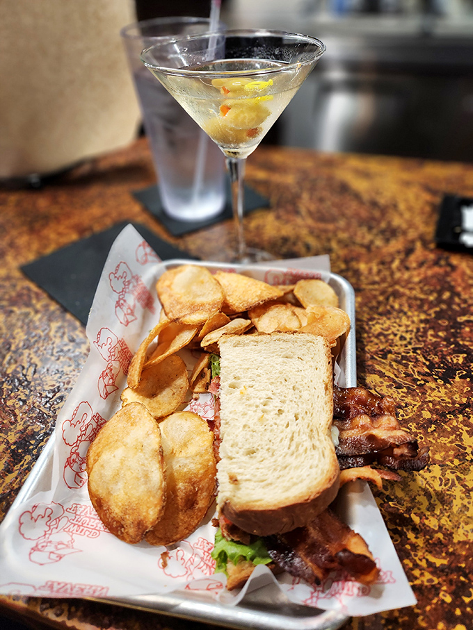 The BLT reimagined with house-made chips and a martini chaperone. Lunch just got promoted to an occasion.