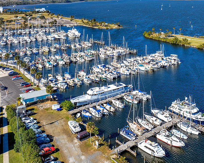 This marina is like a parking lot for dreams, where every boat has a fishing story waiting.