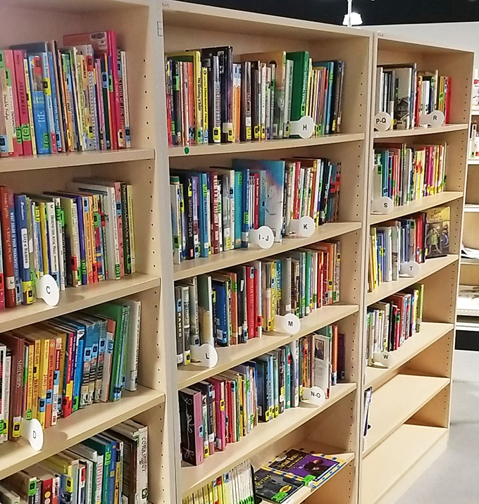 The book section is organized with librarian-level precision. Each shelf holds worlds waiting to be explored for less than the price of a coffee.