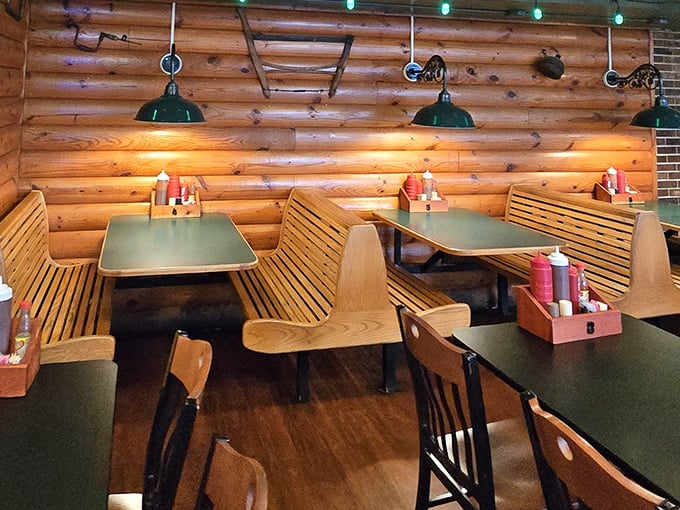 Booth seating that invites you to settle in and stay awhile. Those sauce caddies stand ready for whatever level of saucy commitment your meal requires.