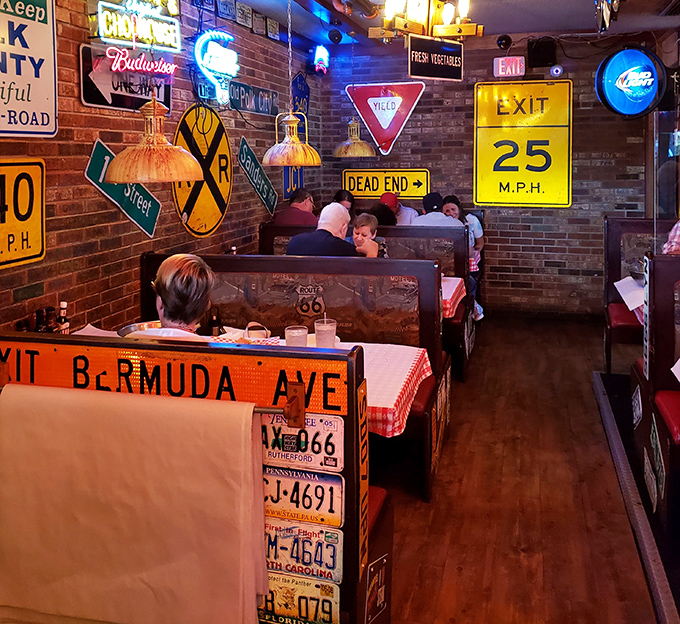 Road signs and license plates create the perfect backdrop for conversations that flow as freely as the refills.