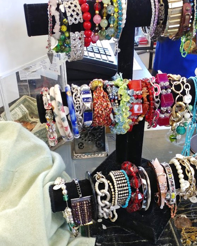 A rainbow of bracelets awaits new wrists, proving that sustainable fashion can still satisfy your accessory addiction without the guilt.