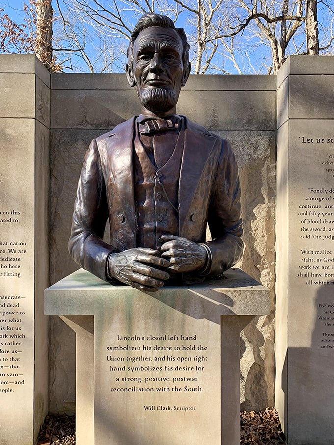 Lincoln's thoughtful gaze, captured in bronze, reminds visitors of the humble beginnings that shaped America's most revered president.