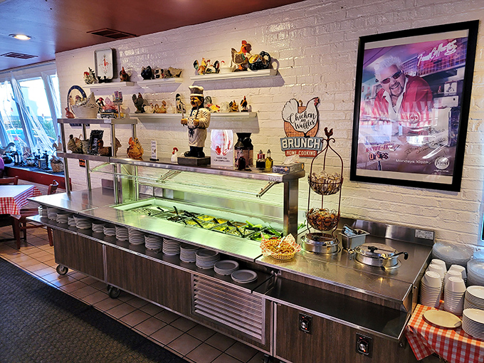 A chicken-themed buffet station that would make Colonel Sanders weep with envy. The collection rivals most chicken museums.