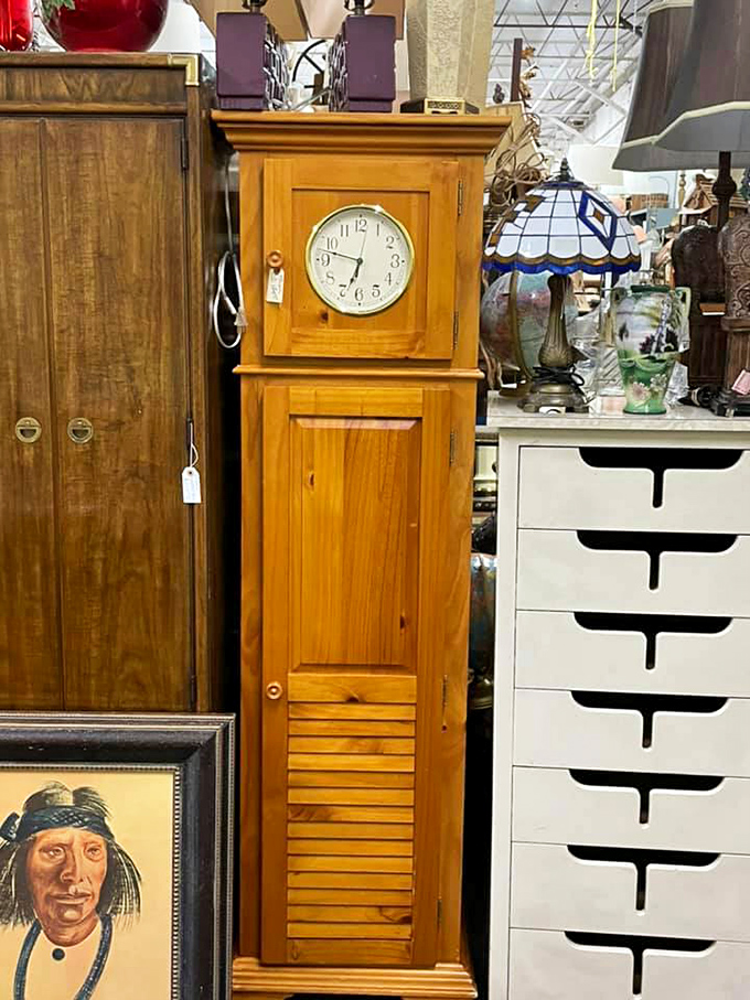 Grandfather clocks stand sentinel beside sleek modern cabinets, proving that timepieces transcend the very thing they measure.