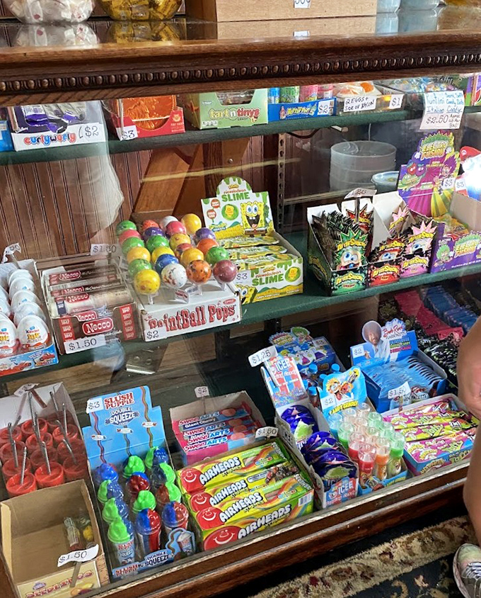 Paintball Pops, Airheads, and Slime&mdash;modern candy keeping company with classics in this democratic display of sugar.
