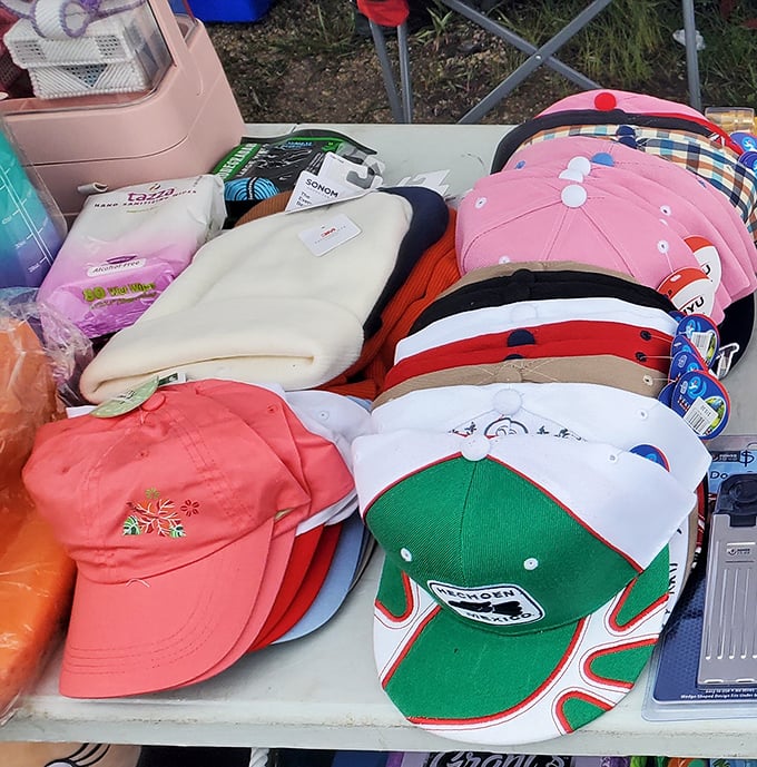 Hat collectors, rejoice! From vintage sports teams to quirky embroidered designs, your next conversation piece is hiding somewhere in this colorful display.