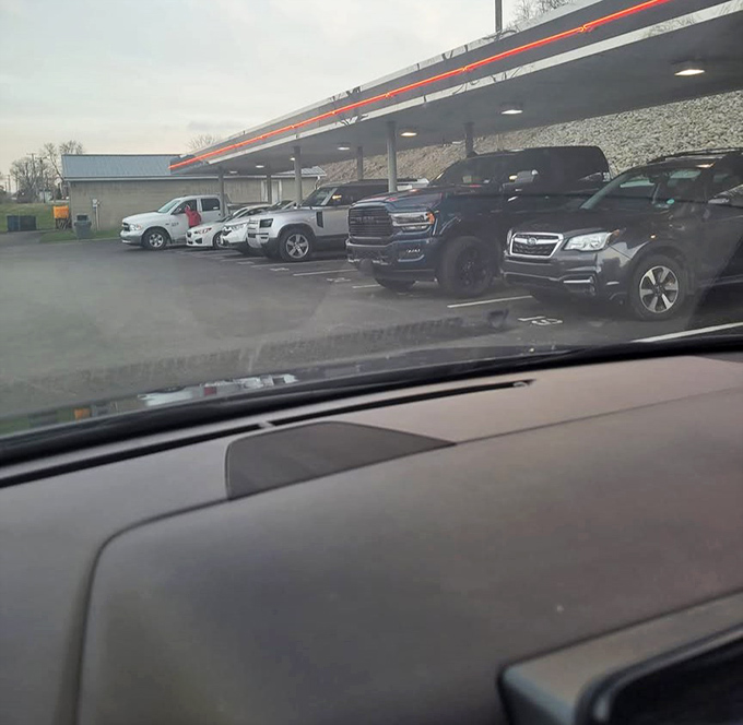 The view from your driver's seat at Jerry's&mdash;a lineup of vehicles whose owners all made the same brilliant culinary decision on this particular Pennsylvania day.