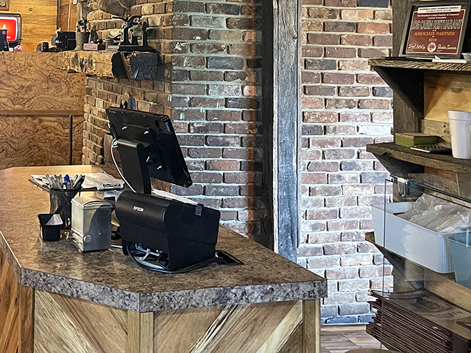 The heart of hospitality&mdash;a rustic checkout counter where transactions are seasoned with conversation and maybe a weather report or two.
