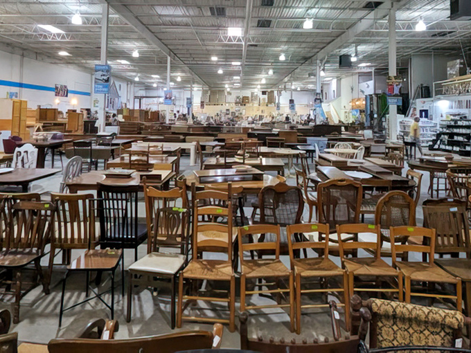 A sea of seating possibilities stretches before you. Finding the perfect dining chair here is like winning a scavenger hunt designed by HGTV producers.