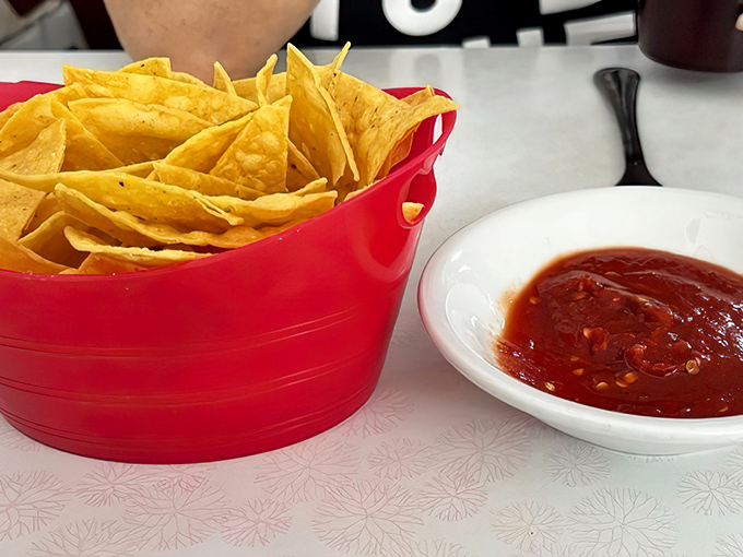 Chips served in a festive red basket with salsa that's clearly not from a jar &ndash; the perfect opening act to the main event.