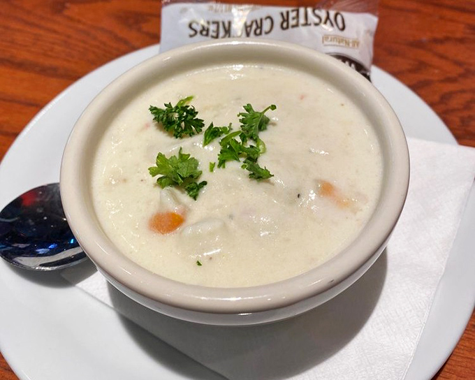 Clam chowder so creamy and comforting, it's like a warm hug from the ocean on a chilly Maryland evening.