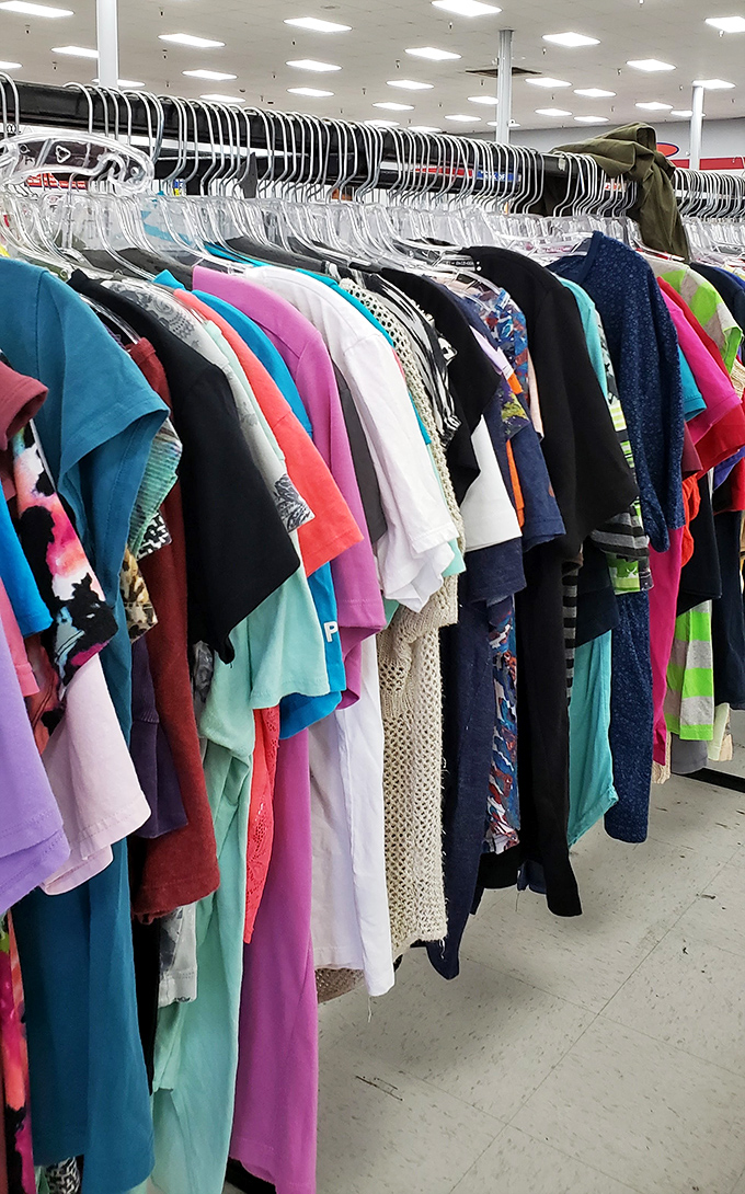 The technicolor dream rack&mdash;where yesterday's fashion choices become tomorrow's vintage statement pieces.