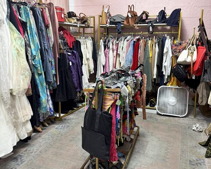 The clothing section rivals Broadway's costume department – vintage dresses and accessories waiting for their next starring role in your wardrobe.