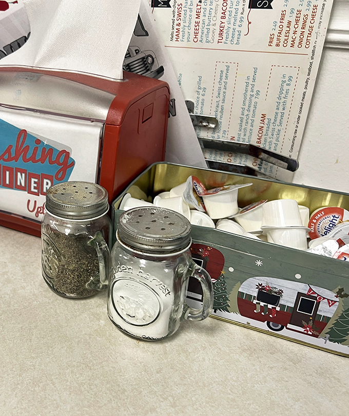 The salt and pepper in Mason jars aren't trying to be hipster&mdash;they were doing it before it was cool. That vintage napkin dispenser has seen things.