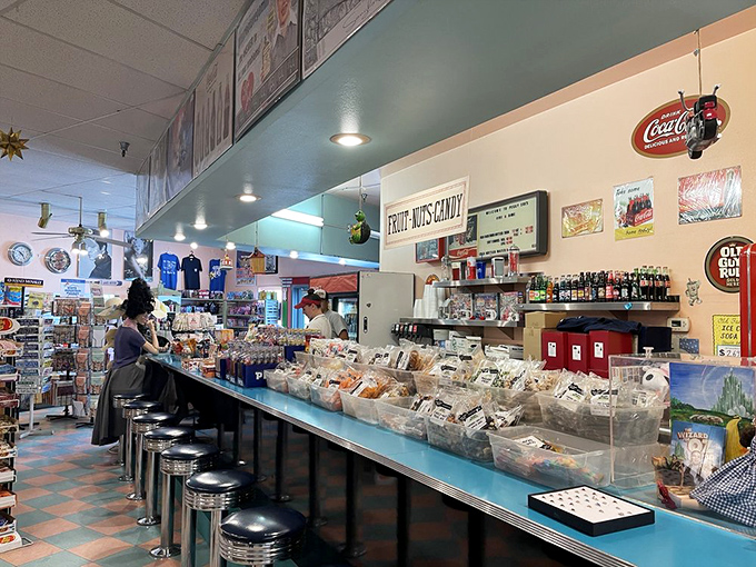 The candy counter offers a rainbow of sweet temptations that would make Willy Wonka jealous. Childhood memories sold by the pound!
