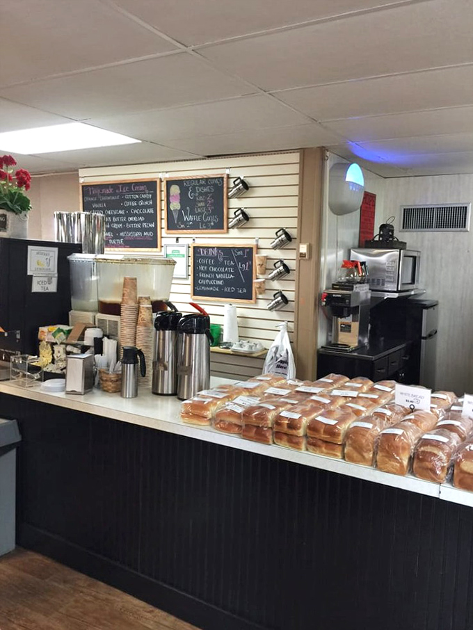 The coffee counter &ndash; where caffeine meets carbs in perfect harmony. Fresh bread lined up like soldiers awaiting their marching orders to your shopping bag.
