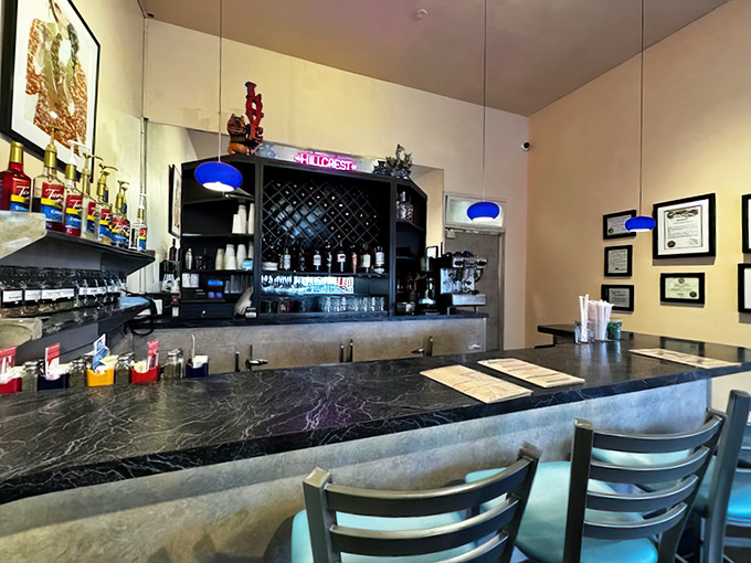 The counter beckons solo diners with the promise of friendly banter and front-row seats to the culinary action.