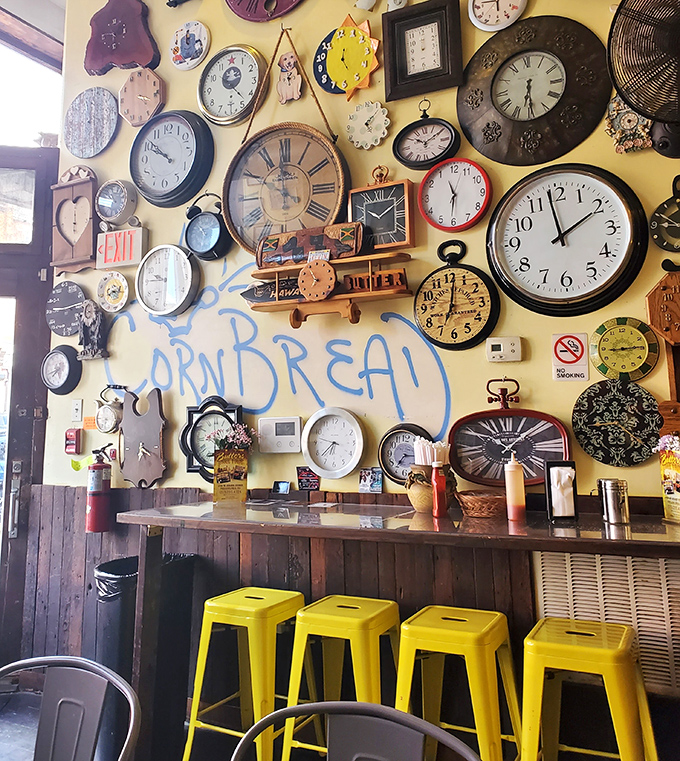 Counter seating where every clock on the wall reminds you that good food is always worth the wait.