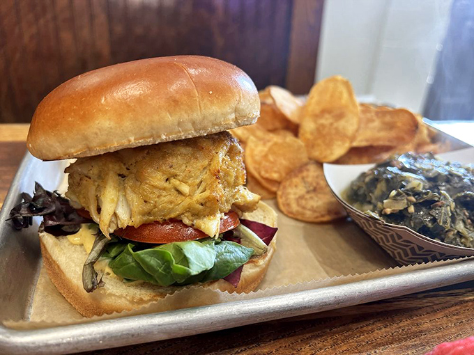 A crab cake sandwich that's mostly crab, barely cake. That pretzel bun deserves a supporting actor award for its perfect complementary role.
