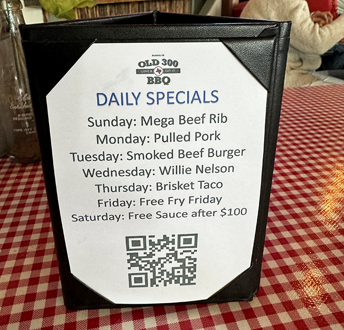 Daily specials that read like poetry: "Mega Beef Rib Sunday" and "Willie Nelson Wednesday" are verses in the barbecue bible.