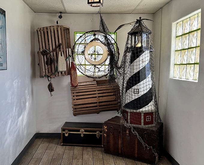 A maritime museum meets dining room. These fishing nets and nautical artifacts weren't sourced from a catalog&mdash;they're pieces of seafaring history brought inland.