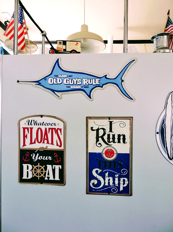 Nautical-themed decor adds whimsical coastal character, reminding diners they're just minutes from the Pacific Ocean.