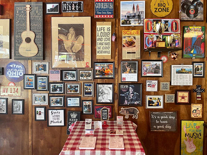 Every inch of wall space tells a story &ndash; a collage of Cleveland pride, music legends, and barbecue philosophy that feels like home.