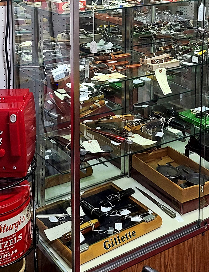 This glass case of vintage razors and tools reminds us that even everyday objects were once crafted with pride and built to last.