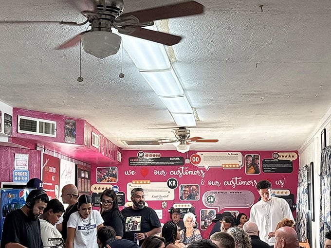 A packed house tells you everything you need to know&mdash;when locals line up against that pink wall, you've found the real deal.