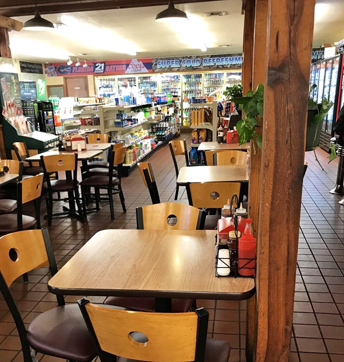 Part convenience store, part barbecue heaven. The dining area seamlessly blends into the retail space&mdash;because why shouldn't you grab milk with your brisket?