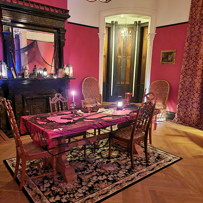 Dinner is served with a side of supernatural. The rich colors and flickering candlelight create the perfect atmosphere for sharing ghost stories.