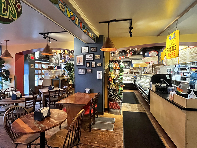 No fancy interior designer needed—just wooden tables, comfortable chairs, and walls adorned with memories of decades serving Columbus's sandwich enthusiasts.