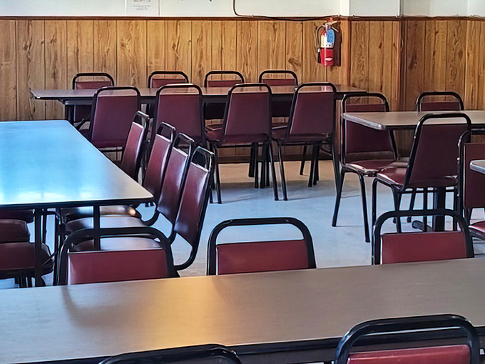 No designer lighting or fancy fixtures here—just honest tables waiting for the next round of seafood enthusiasts to make memories.