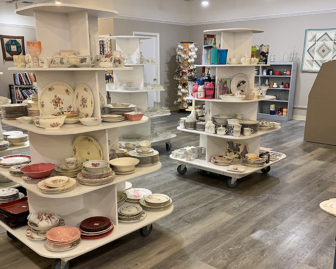 Dish patterns that span decades sit side by side like a timeline of American dining trends. Spot your childhood plates yet?