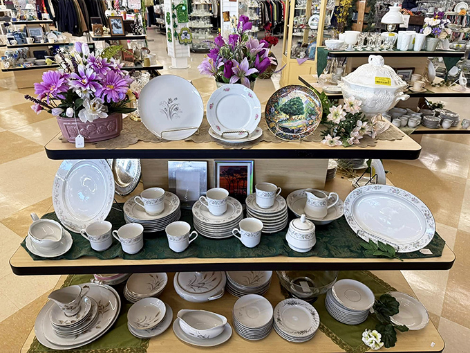 Fine china displays that would make your grandmother nod approvingly. Mismatched sets waiting to bring elegance to your spontaneous dinner parties.