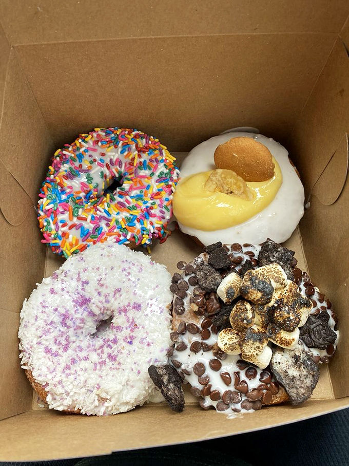 A box of donuts that covers all bases: sprinkles for your inner child, gourmet toppings for your adult palate. Democracy in pastry form.